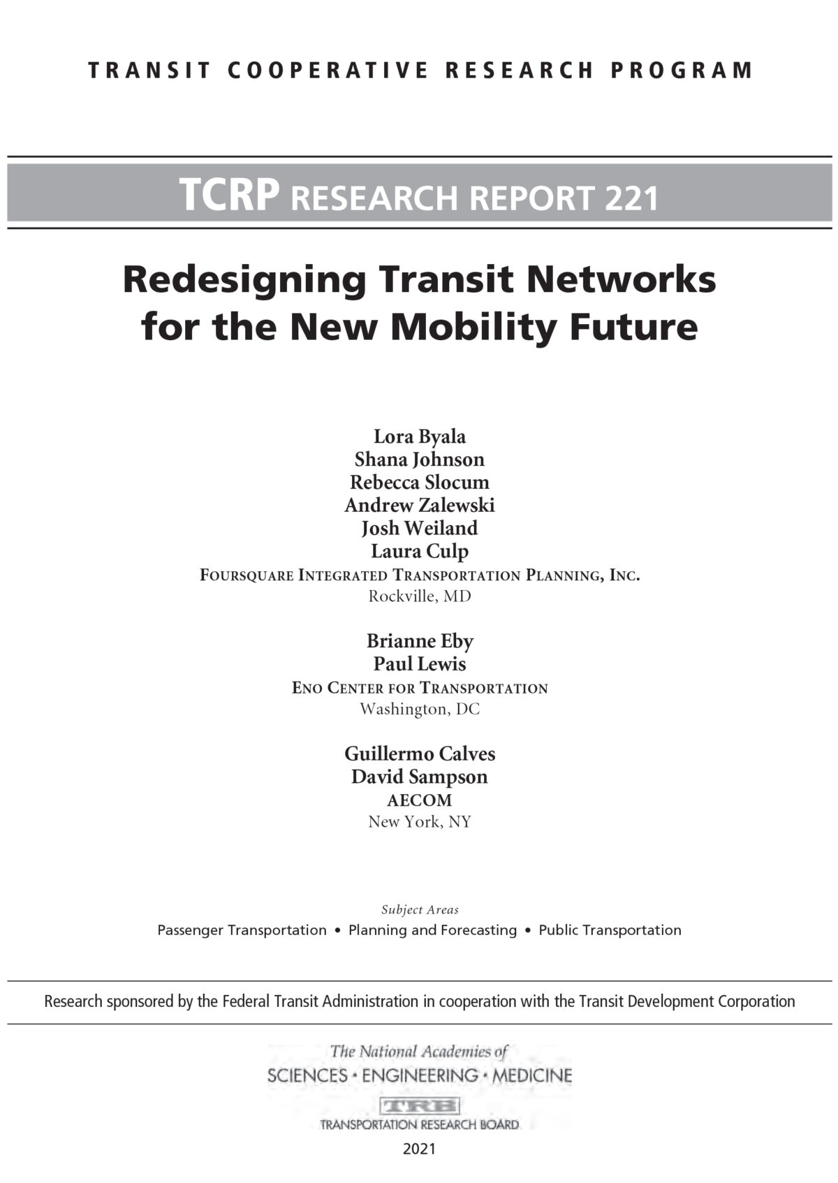 TCRP Research Report 221: Redesigning Public Transportation Networks ...